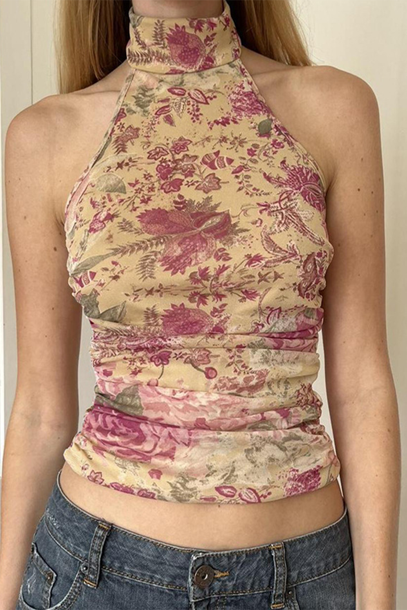 Sexy Floral Print Backless Halter Tops Shellher